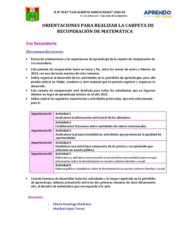 ORIENTACIONES DE MATEMÁTICA PARA REALIZAR LA CARPETA DE RECUPERACIÓN ... ORIENTACIONES DE MATEMÁTICA PARA REALIZAR LA CARPETA DE RECUPERACIÓN ...