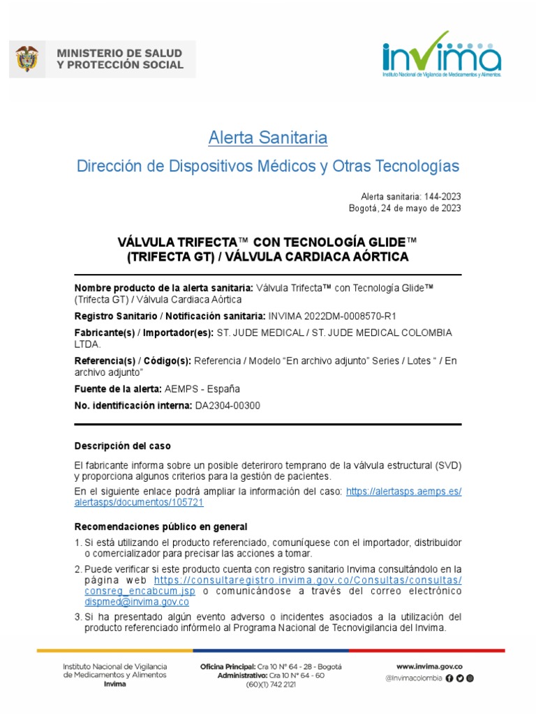 Alerta Sanitaria - 144-2023 - VÁLVULA TRIFECTA CON TECNOLOGÍA GLIDE ...