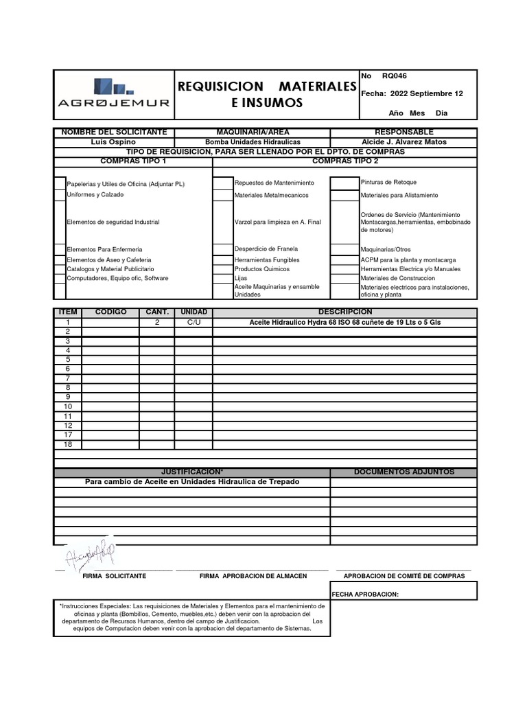 Solicitud RQ46 Aceite Hidraulico Iso 68 | PDF