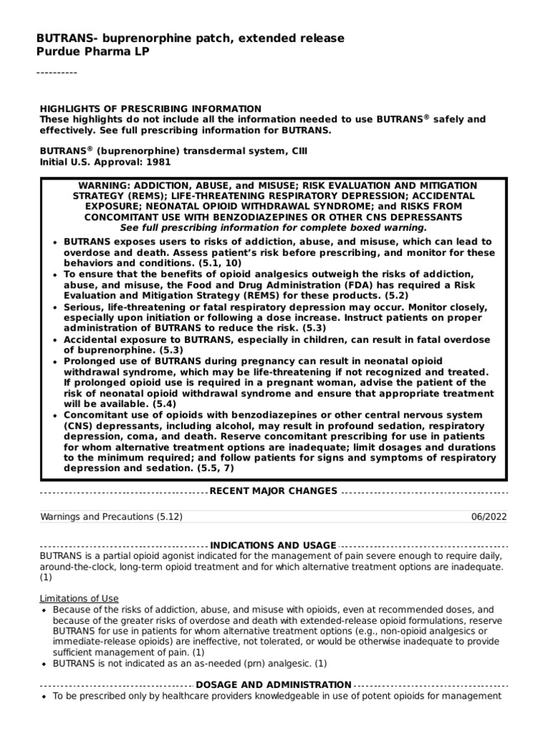 BUTRANS-buprenorphine Patch, Extended Release Purdue Pharma LP | PDF ...