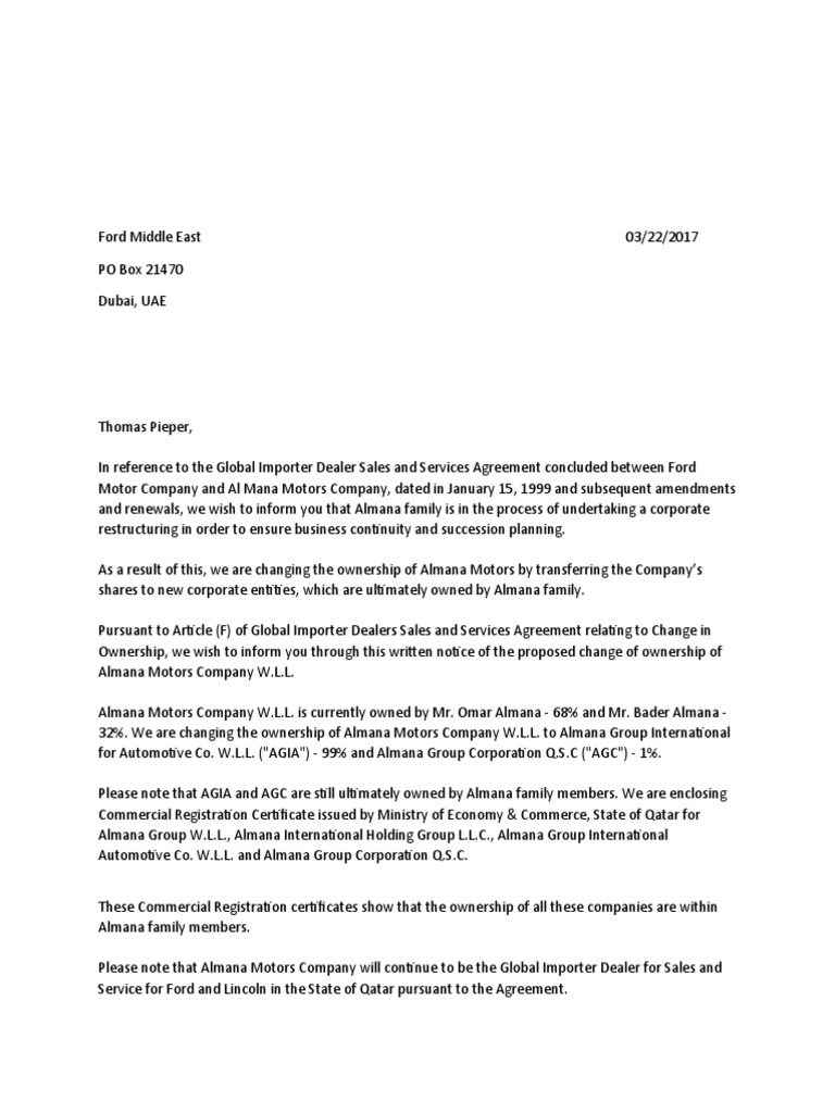 Change of Ownership Letter | PDF