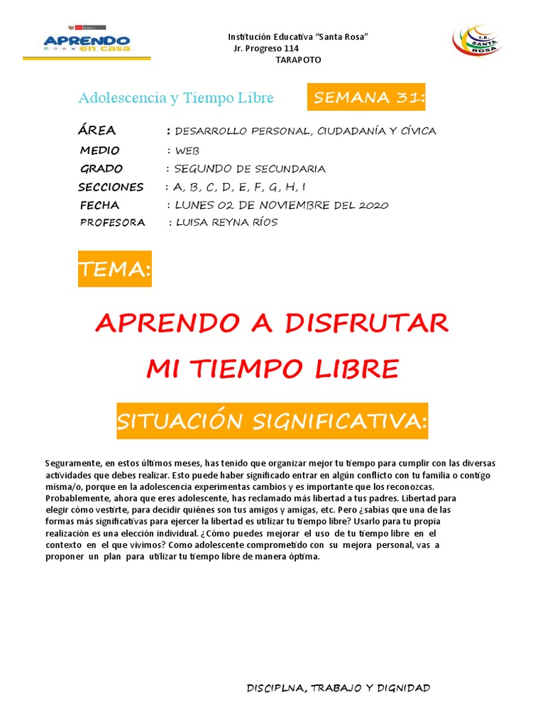 Aprendo A Disfrutar Mi Tiempo Libre - DPCC - Semana 31 | PDF ...