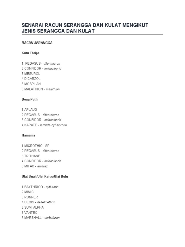 Senarai Racun Serangga Dan Kulat Mengikut Jenis Serangga Dan Kulat | PDF
