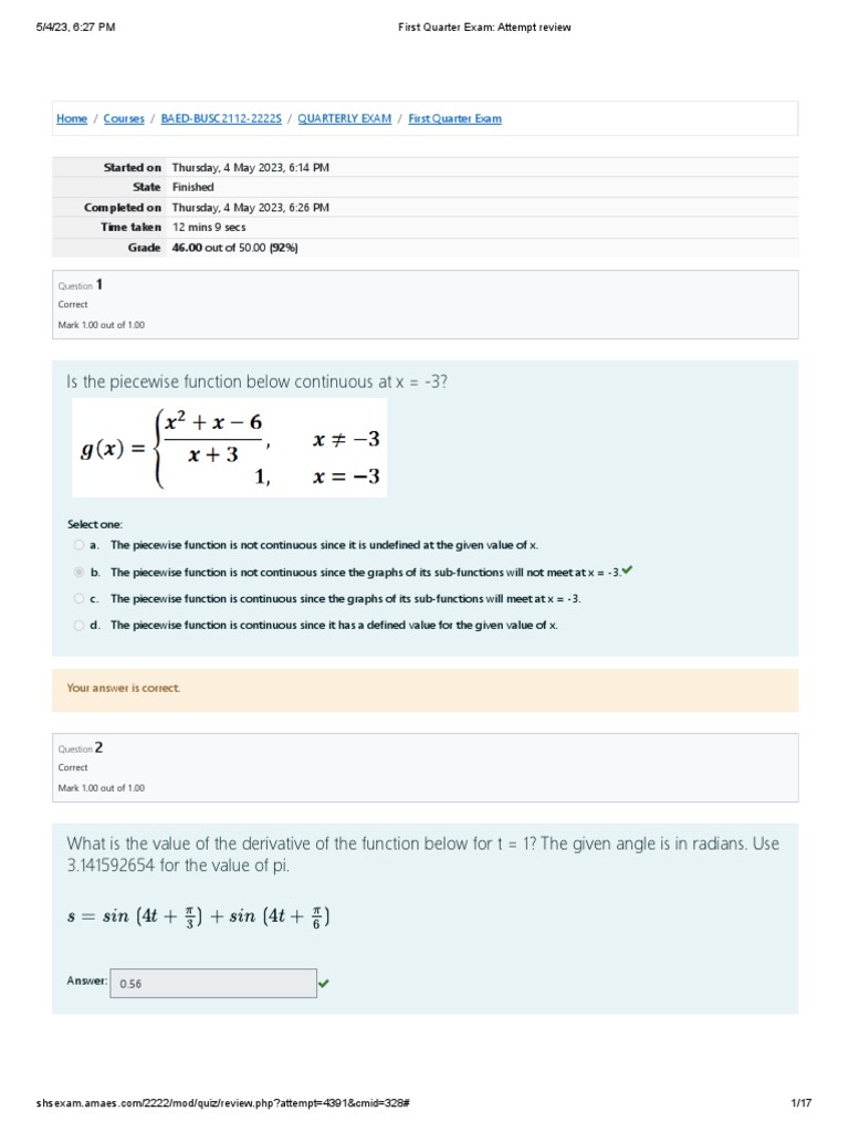 BUSC2112 Basic Calculus First Quarter Exam - Attempt Review | PDF | Function (Mathematics ...