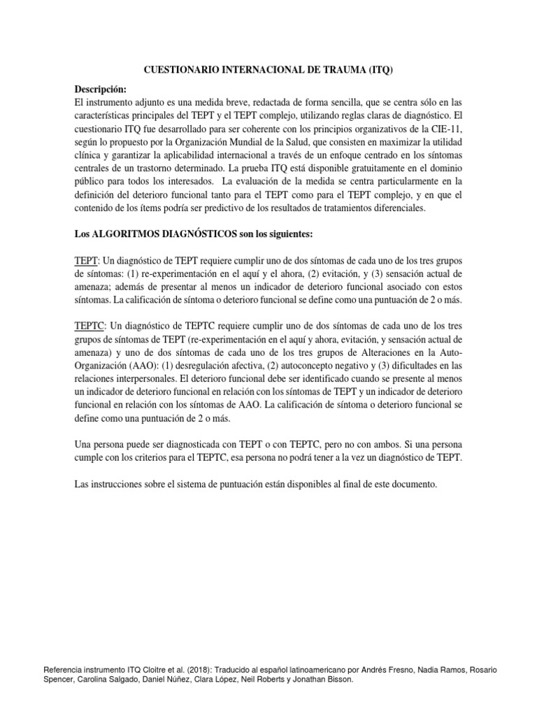 Cuestionario Internacional de Trauma ITQ | PDF | Diagnostico medico ...