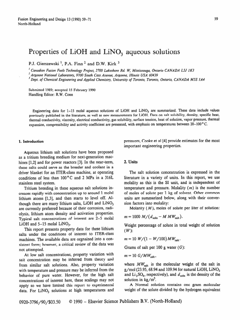 LiOH and LiNO3 Aqueous Solution Properties | PDF | Chemistry | Physical ...