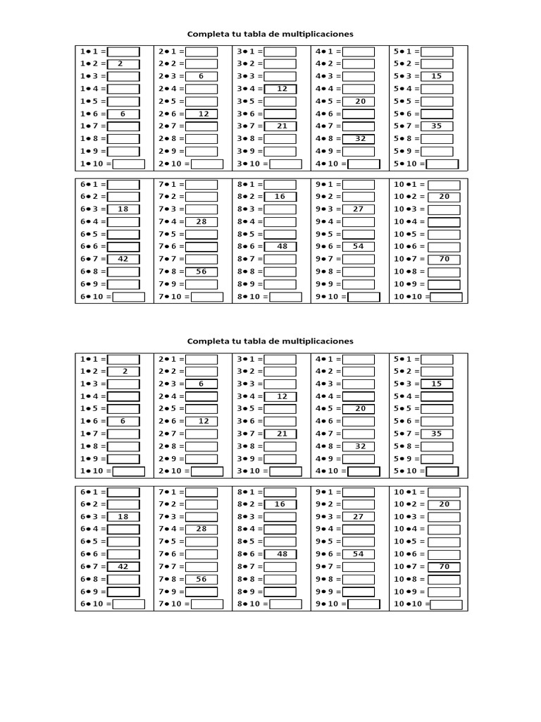 Completa Tu Tabla de Multiplicaciones | PDF