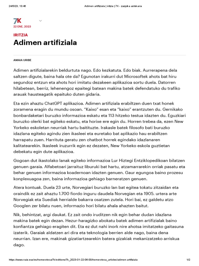 Adimen Artifiziala - Iritzi Artikulua | PDF