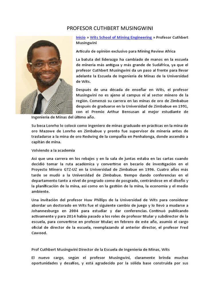 Profesor Cuthbert Musingwini | PDF | Minería | Enseñando