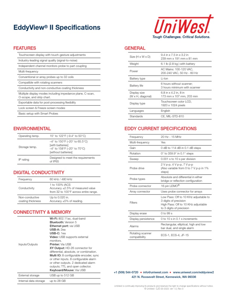 EddyView II Specification Sheet | PDF | Usb | Electronics