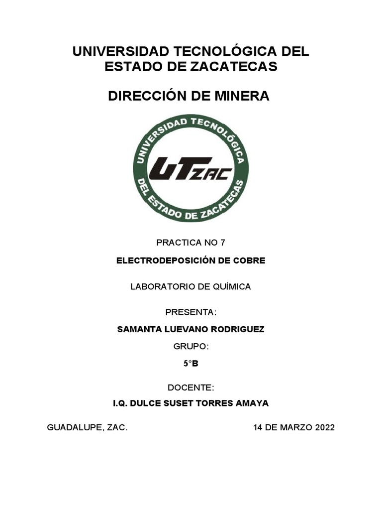 Practica 7 - Electrodeposición de Cobre | PDF | Cobre | Sustancias químicas