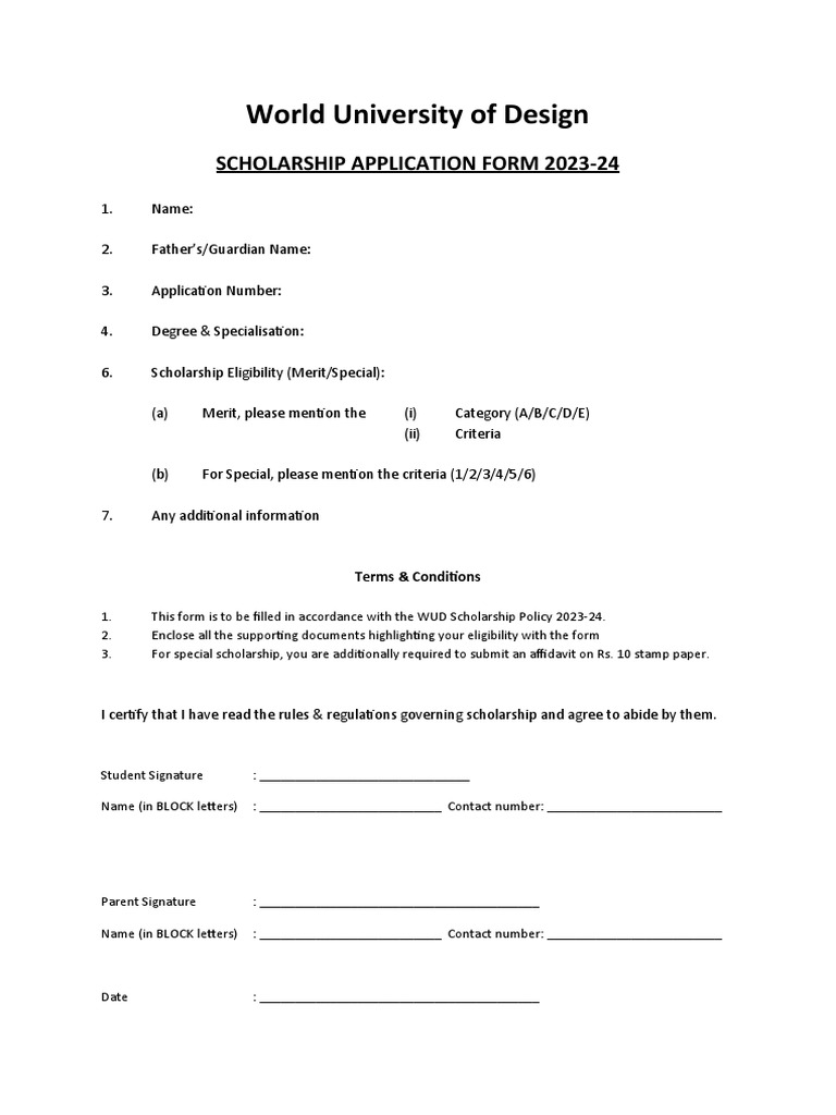 Scholarship Application Form 2023 Pdf