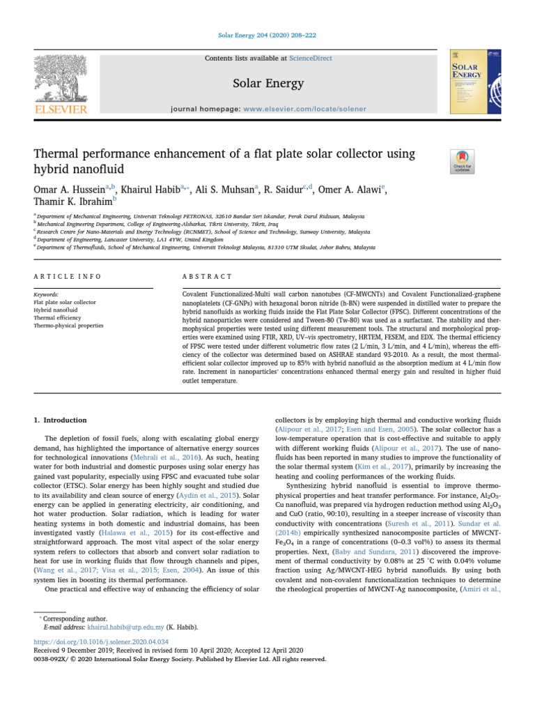 J Solener 2020 04 034 | PDF | Carbon Nanotube | Solar Energy
