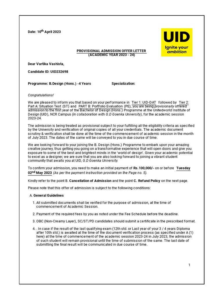UID Offer Letter - UID Offer Letter PDF | PDF | University And College ...