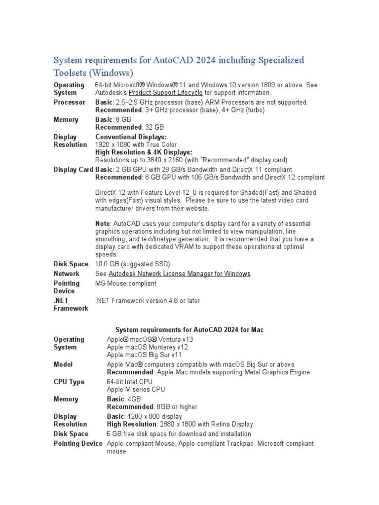 System Requirements For AutoCAD 2024 | PDF | Esri | Arc Gis