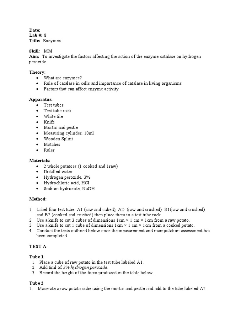Catalase Activity in Potato Experiment | PDF | Catalase | Hydrogen Peroxide