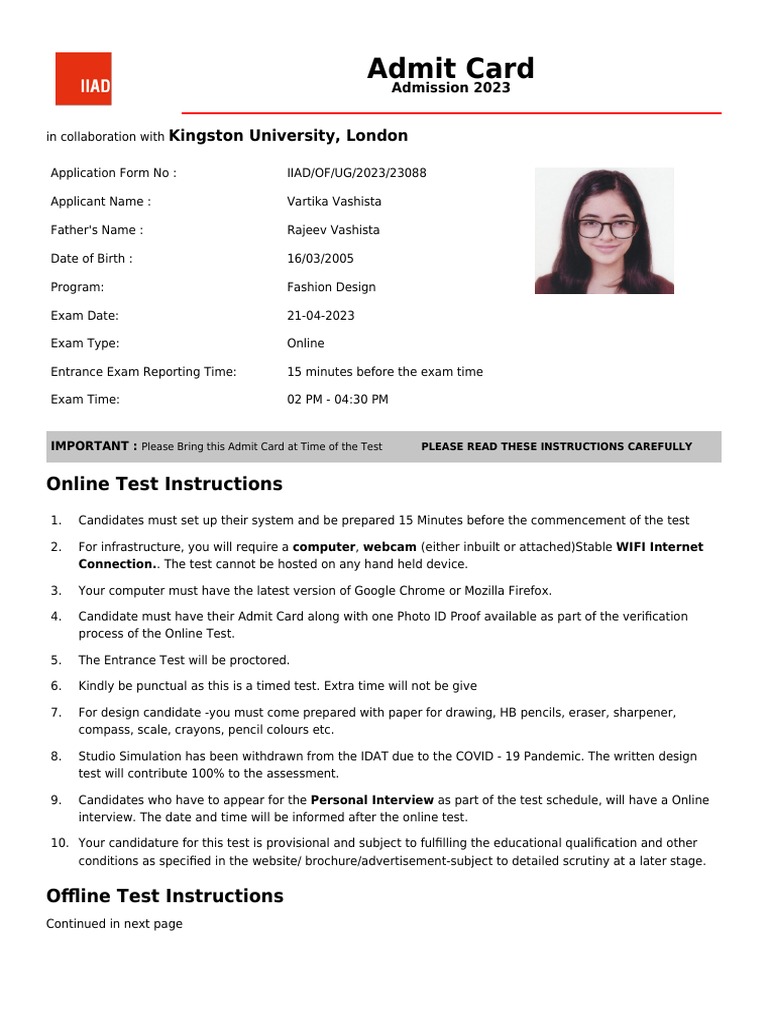 Iiad Admit Card | PDF | Online And Offline | Computing