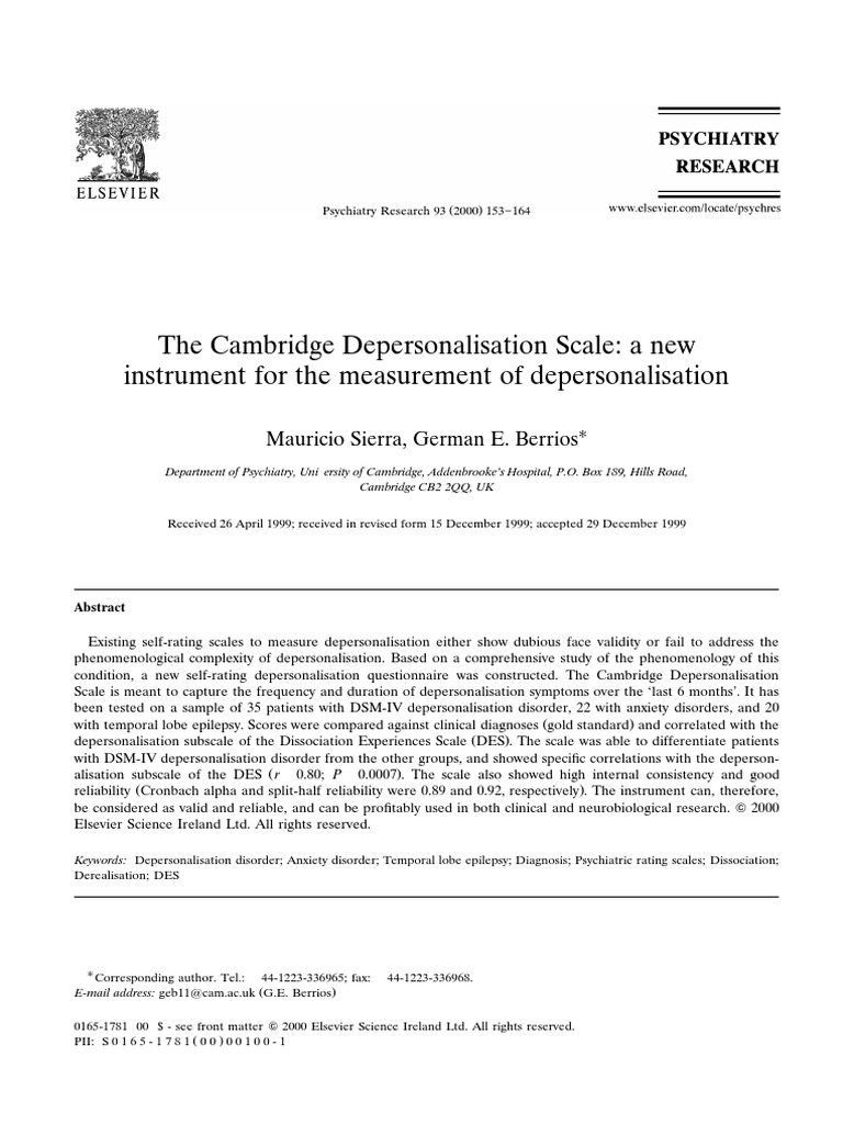 Cambridge Depersonalisation Scale Overview | PDF | Mental Disorder ...