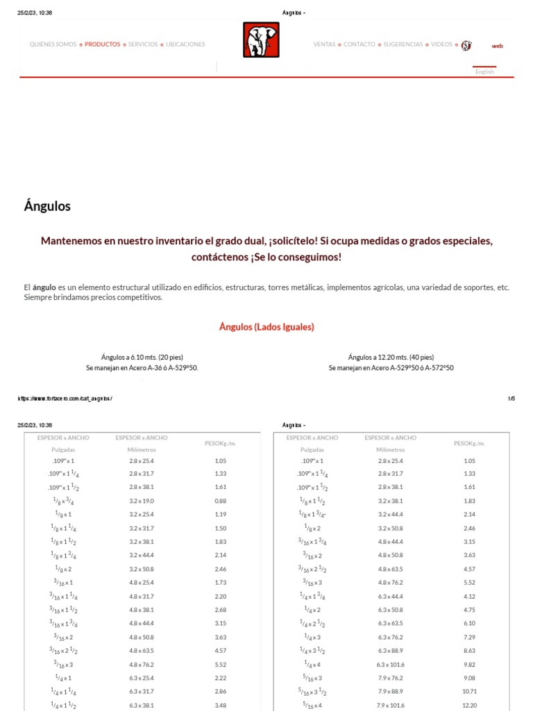 Catálogo de Ángulos de Acero | PDF | Unidades de medida