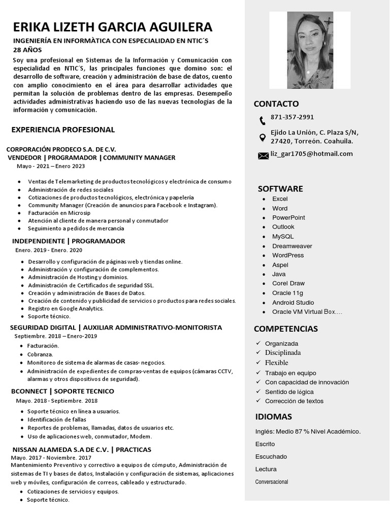 Curriculum-Vitae-laboral-Erika Lizeth Garcia Aguilera | PDF | Soporte técnico | Mi sql