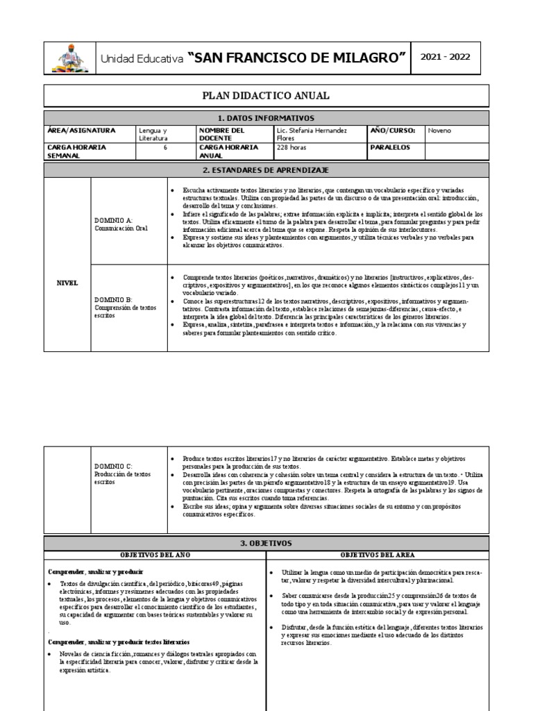 PLan Anual 9no Lenguaje | PDF | Sumario abstracto) | Comunicación