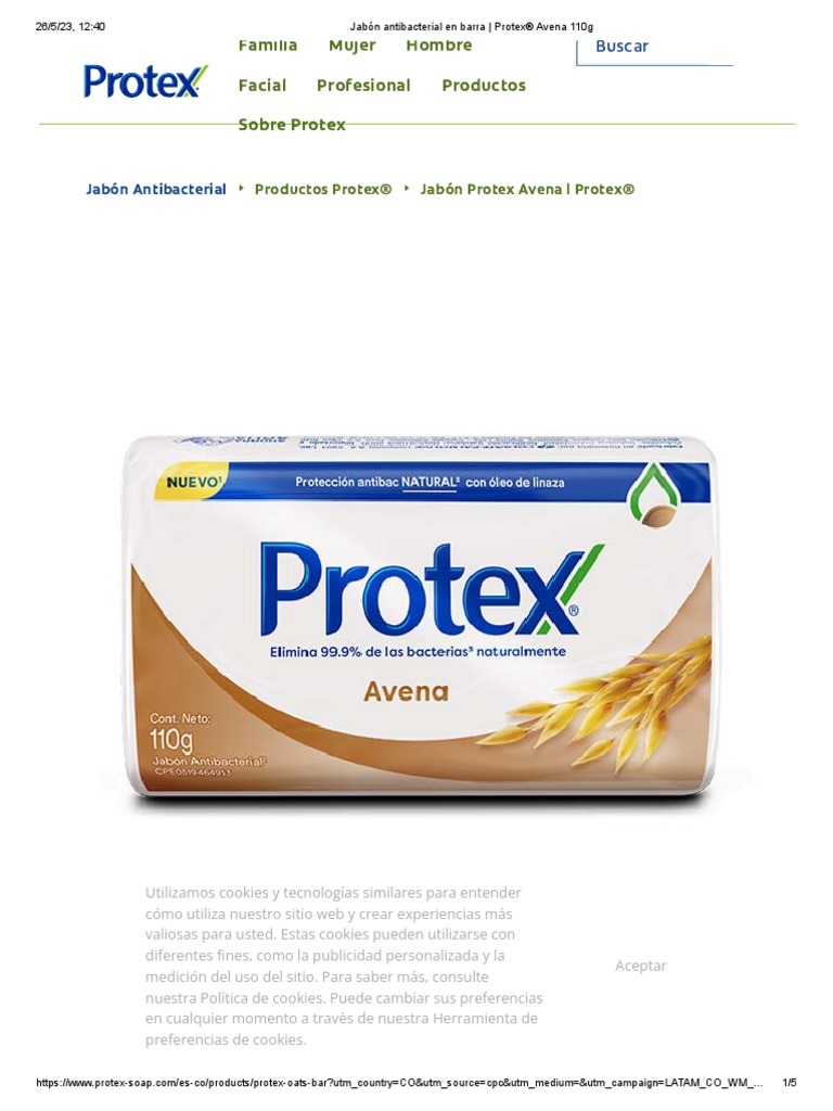 Jabón Antibacterial en Barra - Protex® Avena 110g | PDF | Cookie HTTP | Jabón