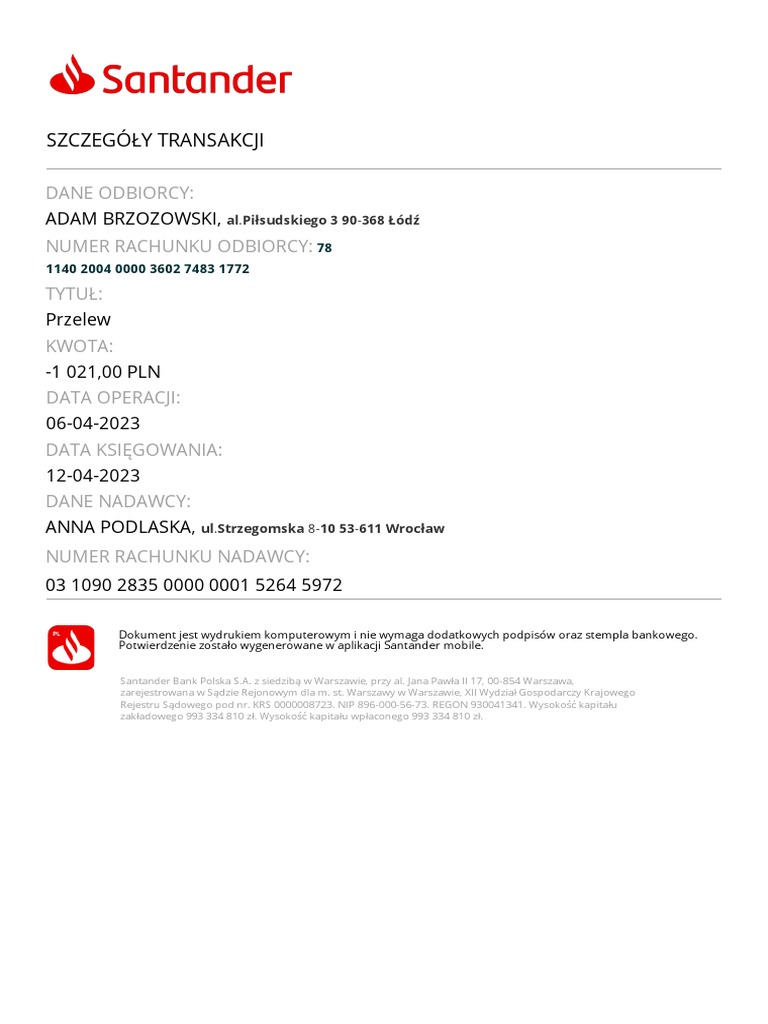 Potwierdzenie Santander | PDF