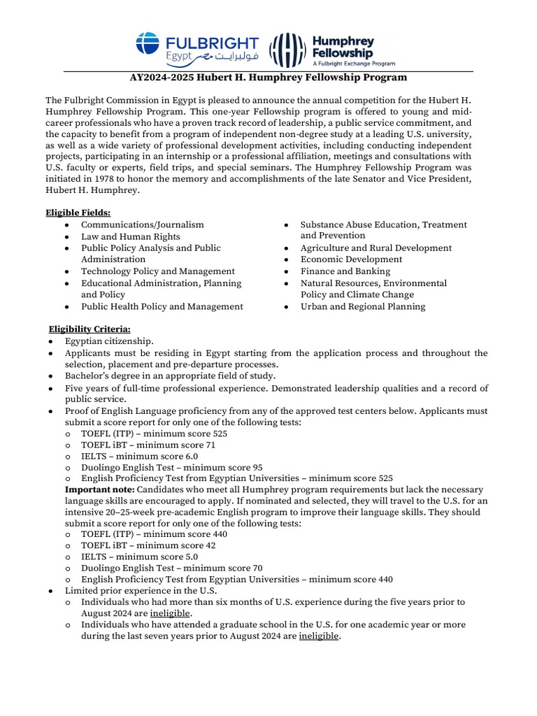 AY2024-2025 Hubert H. Humphrey Fellowship Program Announcement | PDF ...