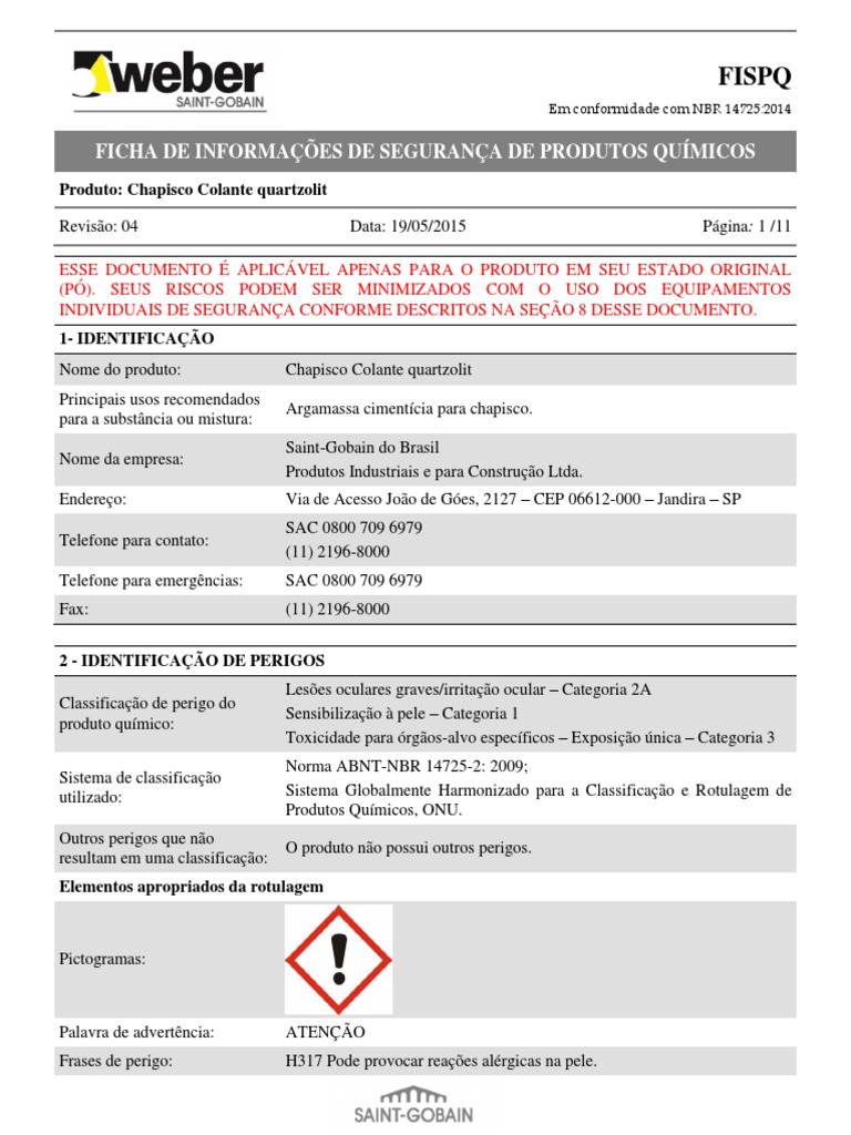 FISPQ Weber Chapisco Colante Quartzolit REV04 VS00 | PDF | Dermatite ...