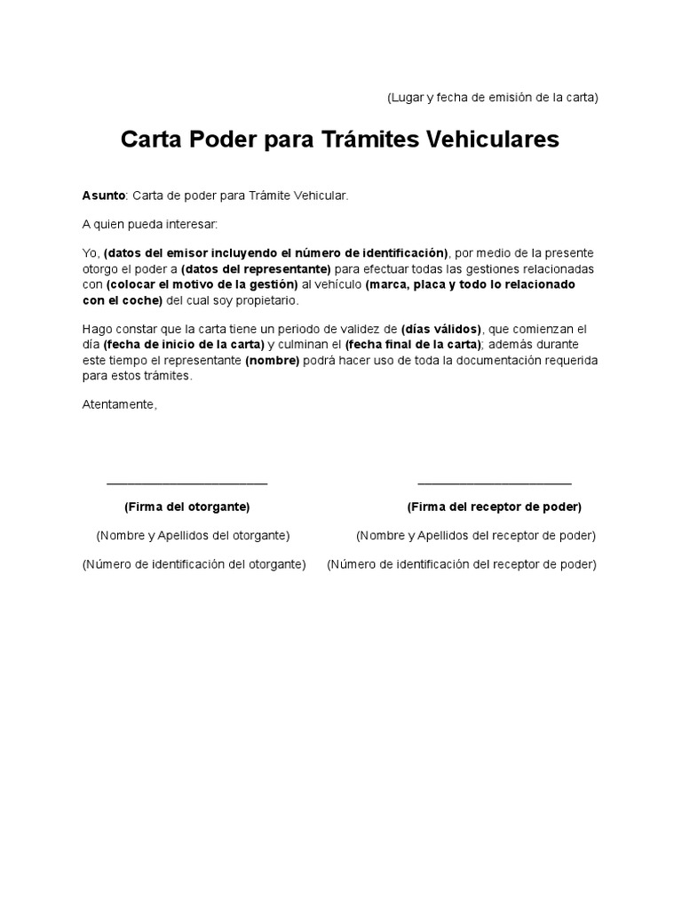 Carta Poder Para Tramites Vehiculares Pdf