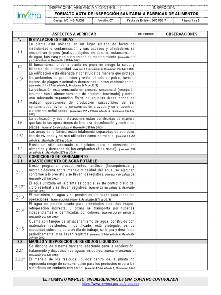 Formato Inspección Invima | PDF | Agua | Alimentos