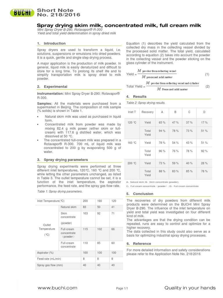 Spray Drying Skim Milk, Concentrated Milk and Full Cream Milk | PDF ...