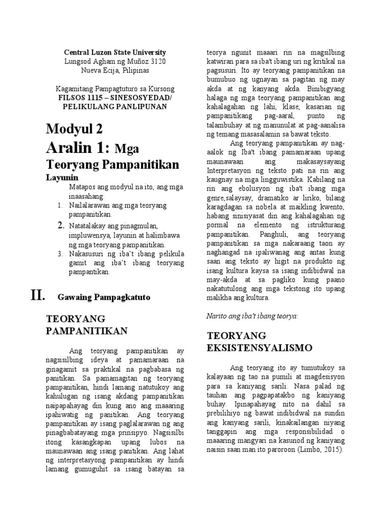 MODYUL 2 - Aralin 1 - MGA TEORYANG PAMPANITIKAN | PDF