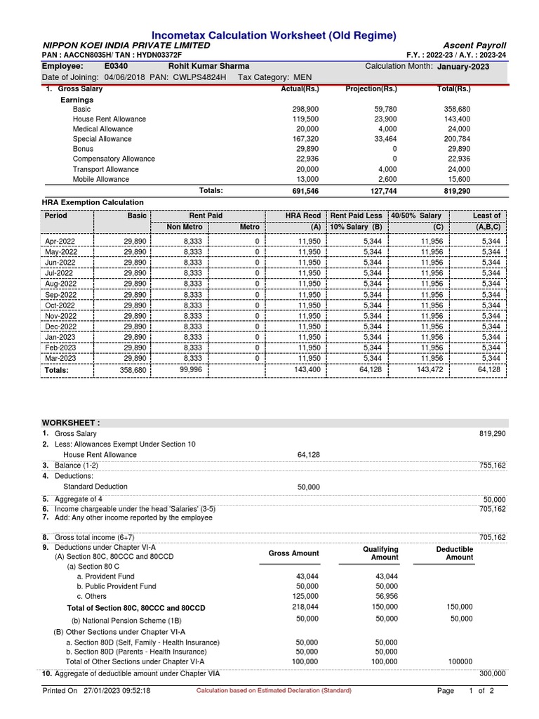 Incometax Calculation Worksheet (Old Regime) : Nippon Koei India ...