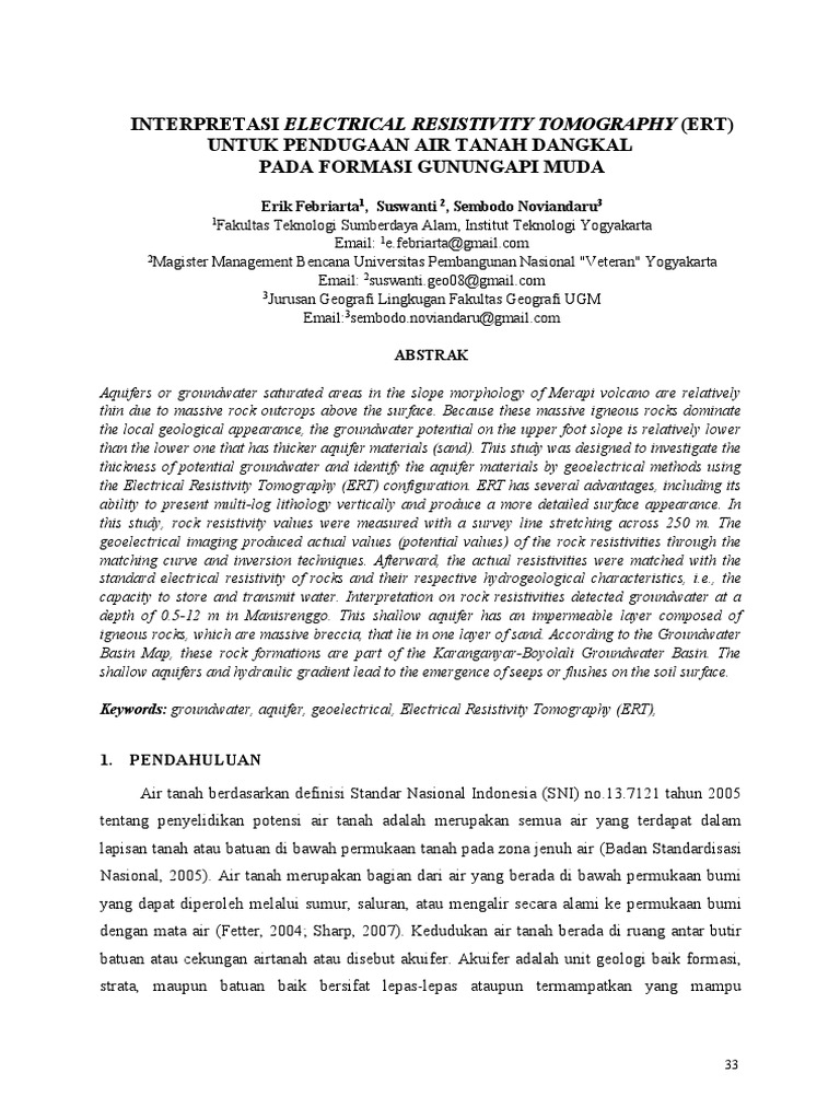 Interpretasi ERT Untuk Pendugaan Air Tanah Dangkal Pada Formasi Gunung ...