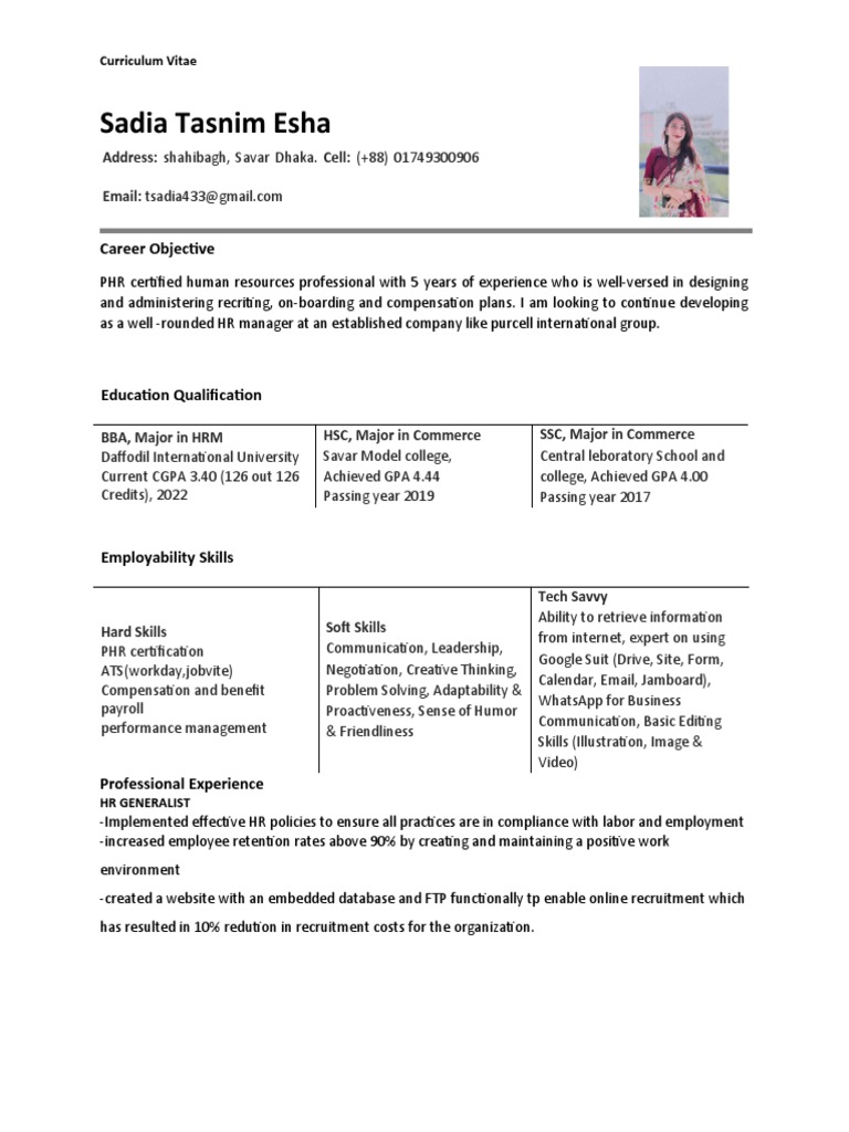 Sadia Tasnim CV | PDF | Human Resource Management | Cognition