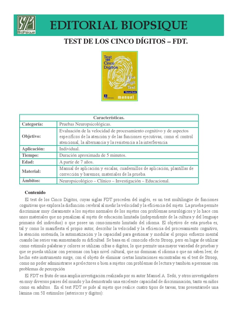 Neu 11 Test De Los Cinco Digitos Fdt Pdf Procesos Mentales