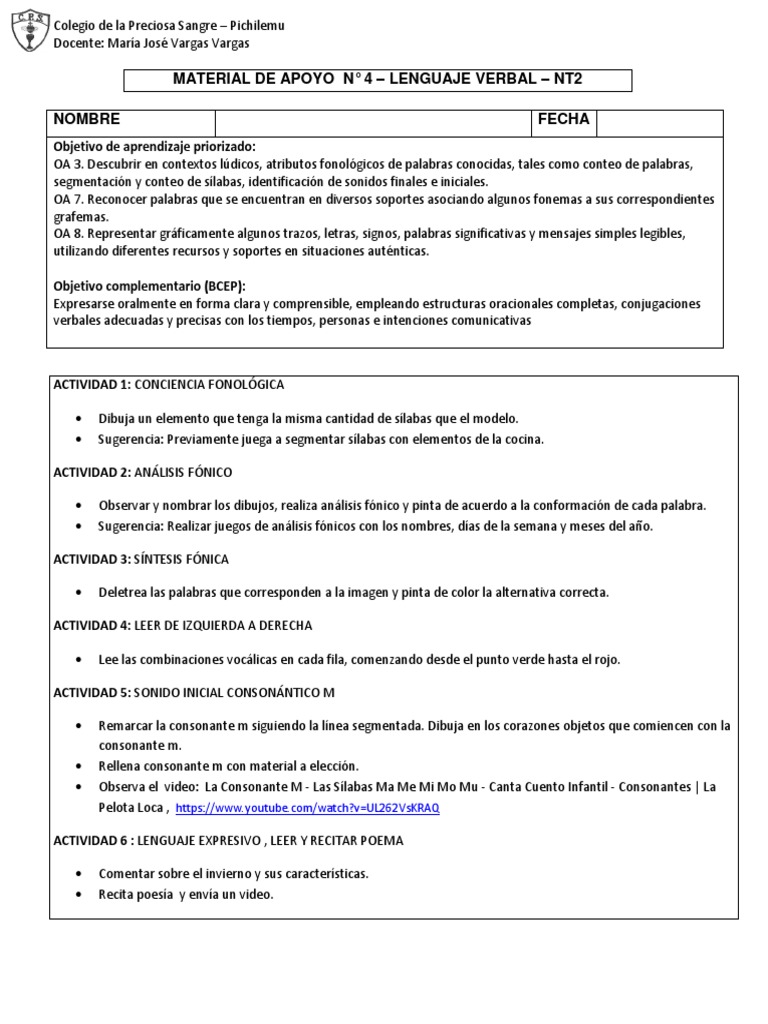 Lenguaje Verbal Nt2 Pdf Sílaba Fonema