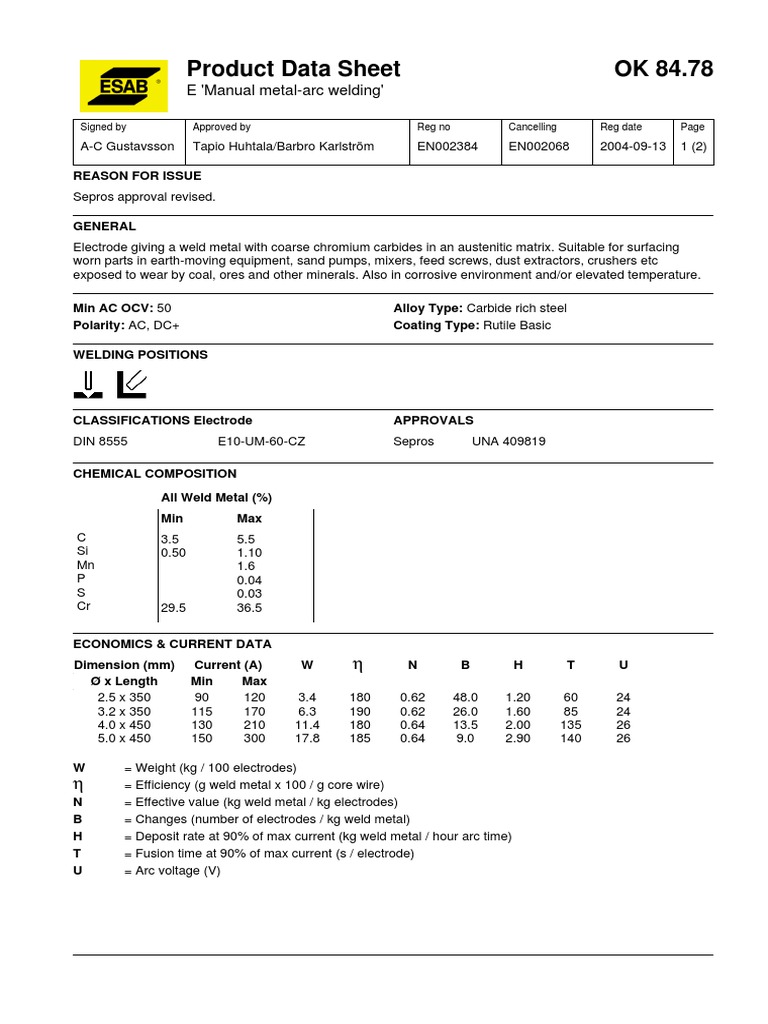 Product Data Sheet OK 84.78: E 'Manual Metal-Arc Welding' | PDF ...