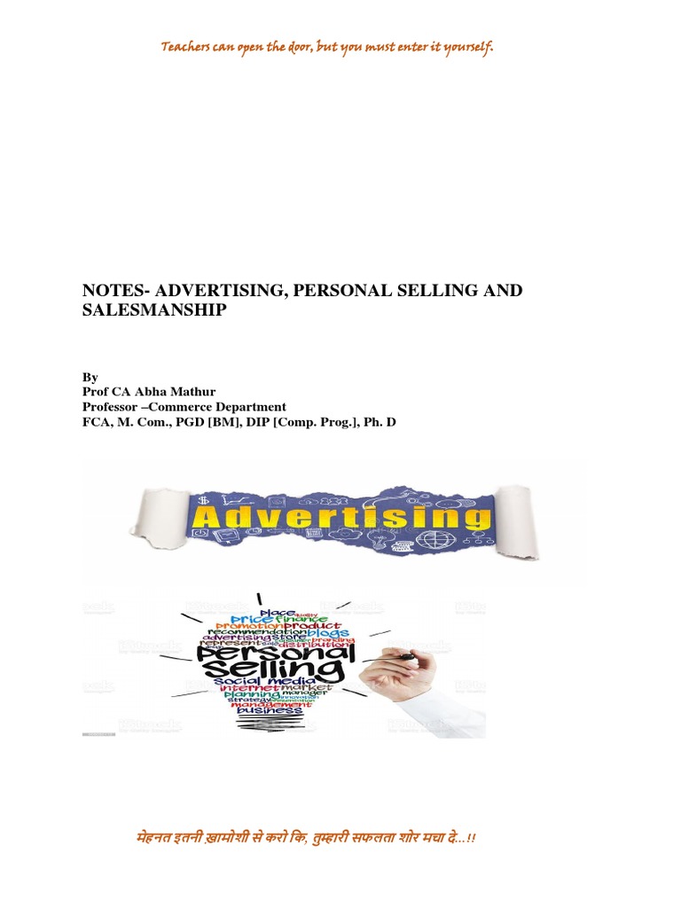 NOTES-ADVERTISING, PERSONAL SELLING AND SALESMANSHIP | PDF ...