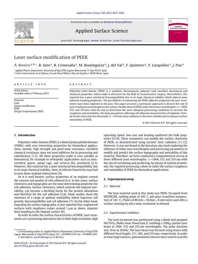 Laser Surface Modification of Peek | PDF | Laser | Ultraviolet