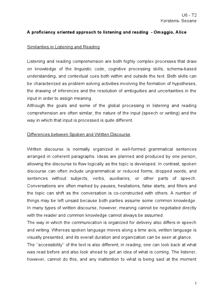 A Proficiency Oriented Approach To Listening - Omagio, Alice | PDF | Reading Comprehension ...