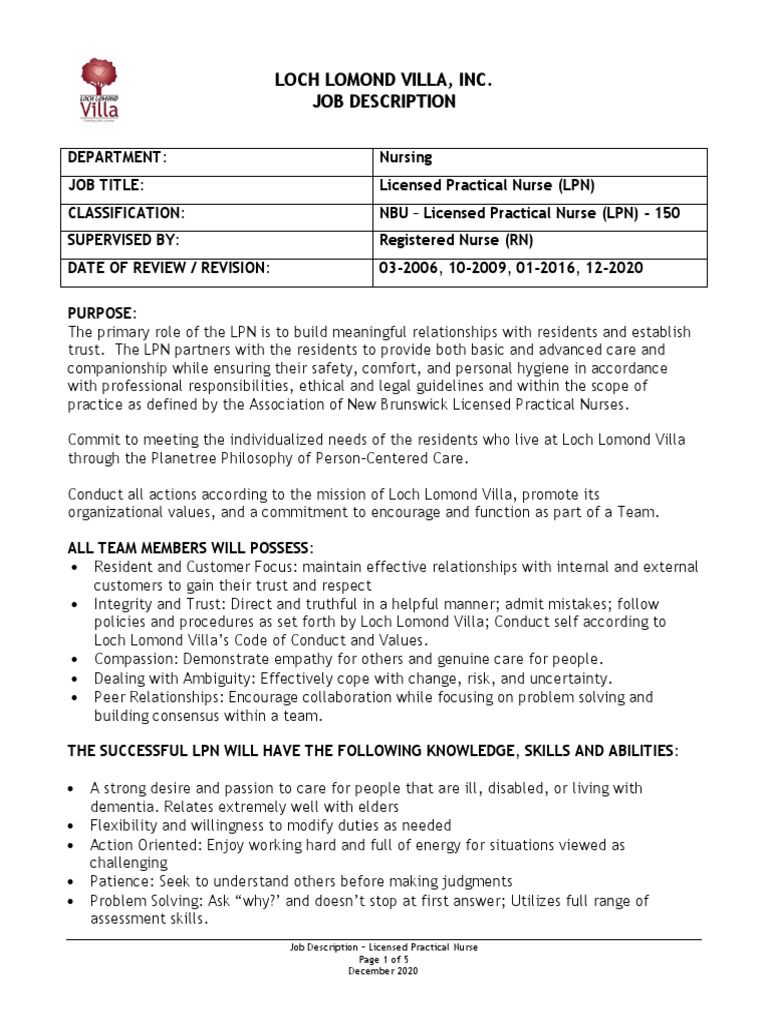 Licensed Practical Nurse Job Description | PDF | Nursing | Occupational ...