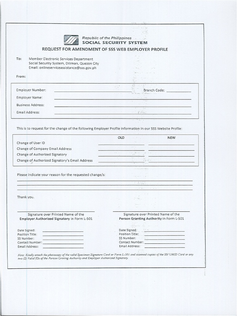 SSS - Request For Amendment of SSS Web Employer Profile | PDF