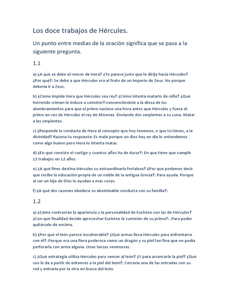 Los Doce Trabajos de Hércules - Doc, Ejercicios, 1 de Eso | PDF | Hera ...