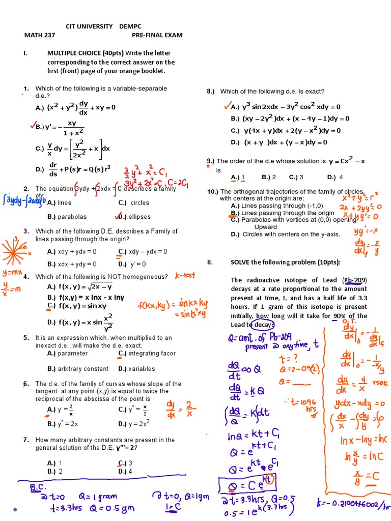 Math 237 PreFinals Set A | Download Free PDF | Analytic Geometry ...
