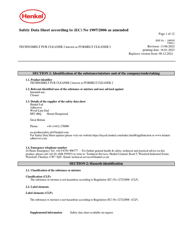 Technomelt PUR Cleaner 2 SDS Guide | PDF | Toxicity | Personal ...