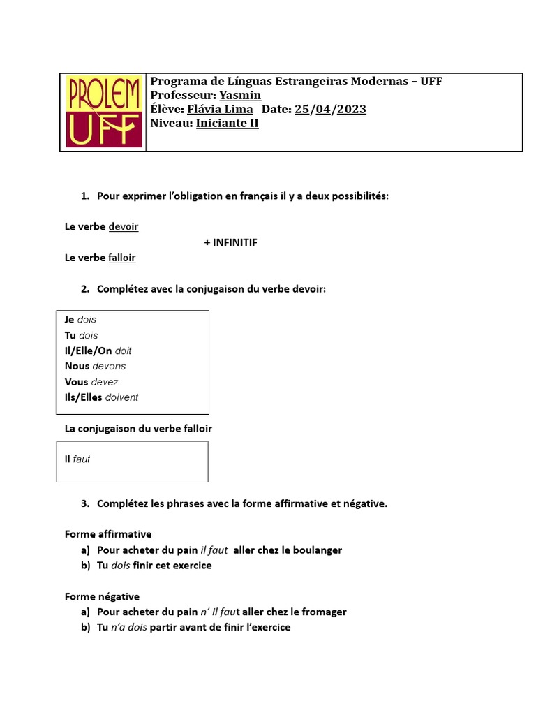 Activité Il Faut + Devoir | PDF