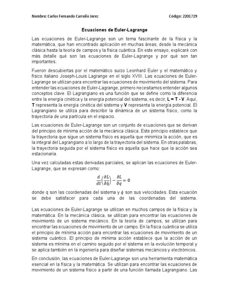 Ensayo Euler-Lagrange | PDF | Ecuación de Euler-Lagrange | Mecánica