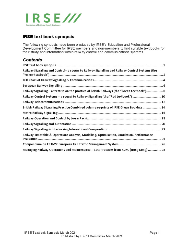 IRSE Textbook Synopsis - Mar2021 | PDF | Rail Transport | Books